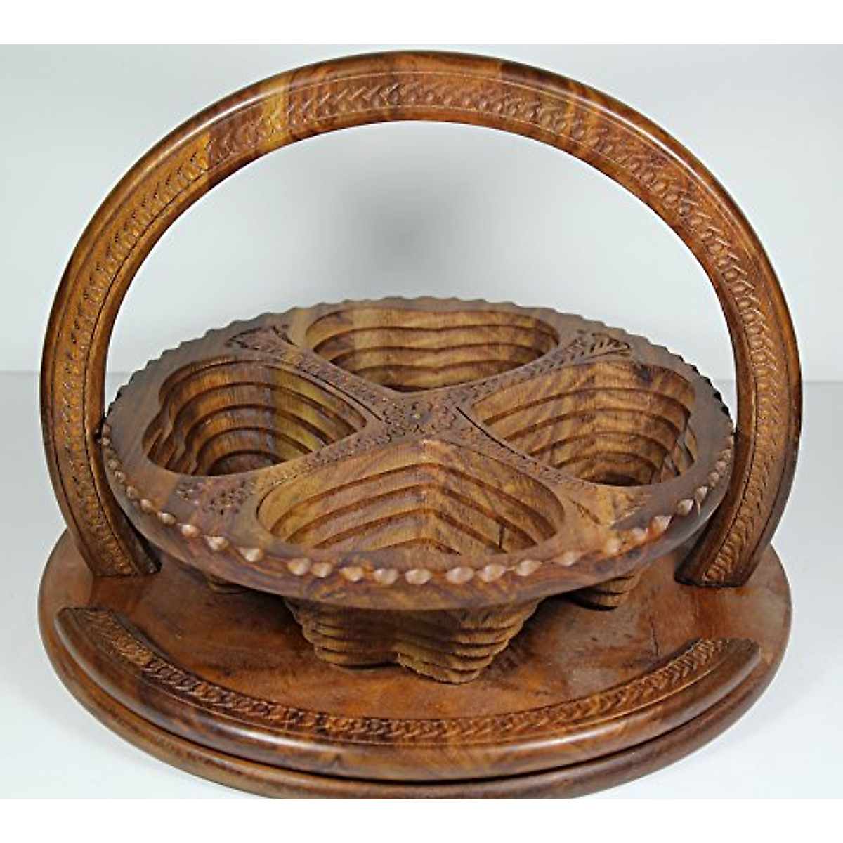 [GiftsNMemories 4 Hearts 12-Inch Wooden Collapsible Fruit Basket, Brown] Thanksgiving fruit Basket,Wooden fruit basket,Valentines fruit baskets,Wooden Trivet,Dry Fruit Basket