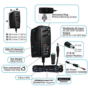 Chanzon 12V 3A 36W Power Supply AC DC Switching Adapter, 12 Volt 3 Amp AC/DC Wall Wart Converter Transformer, 100-240v 50 60HZ Input with 12vdc 3000ma Output
