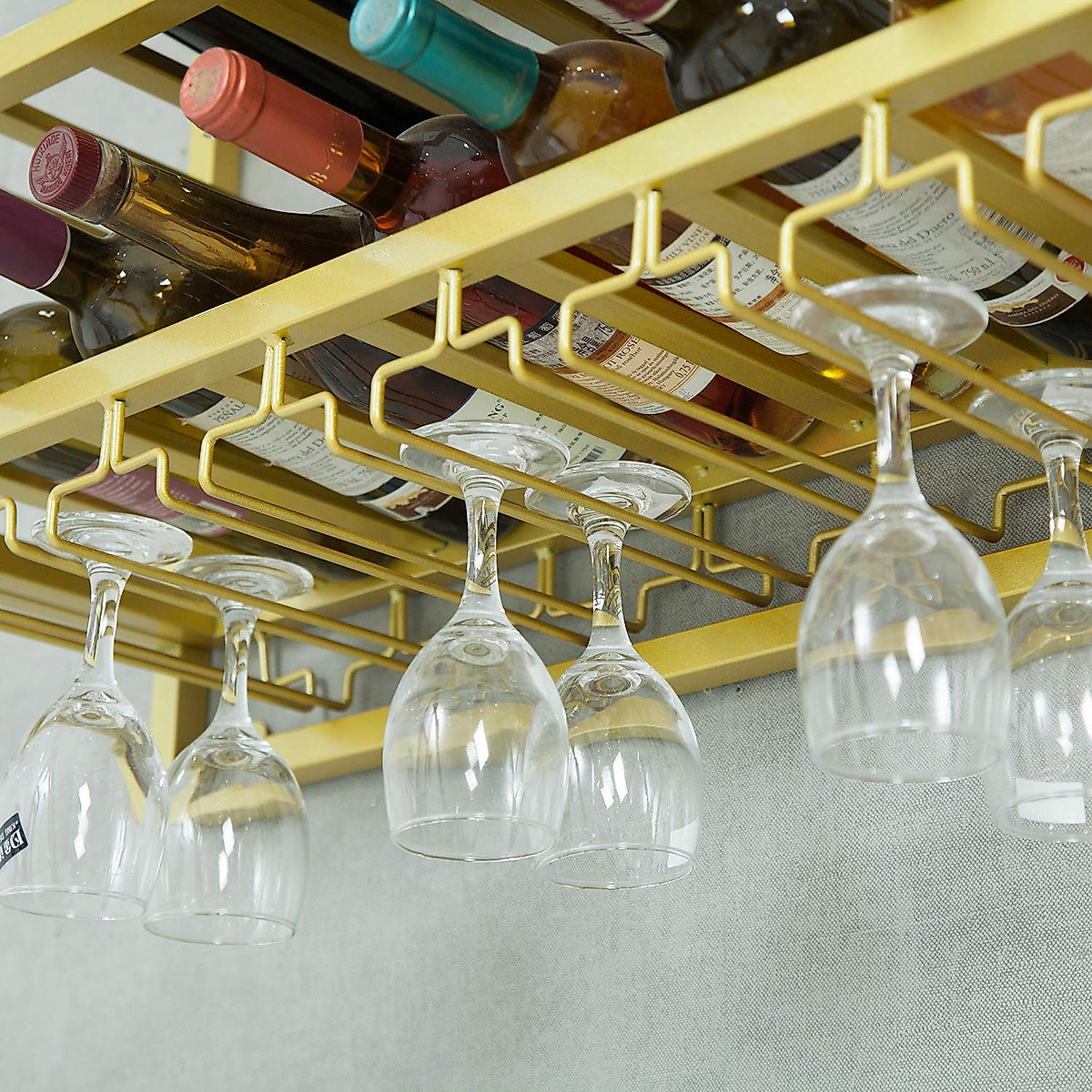 Modern 3-Tier Wall-Mounted Wine Rack, 20 Bottles and Glass Holder, Metal Wine Storage Rack Organizer, Wine Display Shelf for Home Kitchen Bar Restaurant (L: 31.5'', Gold)