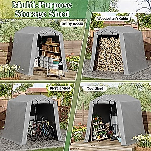 Greesum 6 x 6 x 7 ft Storage Shed Canopy Portable Shelter Heavy Duty Outdoor Carport with Roll-up Zipper Door for Bike, Motorcycle, Garden Storage, Waterproof and UV Resistant, Gray