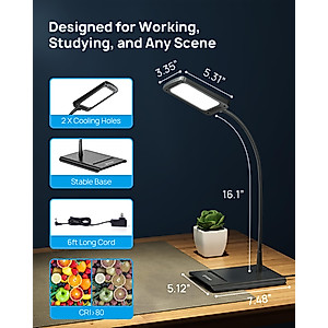 TROND Desk Lamp, Dimmable Eye-Caring Task Lamp, 3 Color Modes 7 Brightness Levels Table Lamp, Flexible Gooseneck Lamp, Desk Light for Home Office Bedroom Kitchen Nightstand Reading, 6000K, 10W, Black