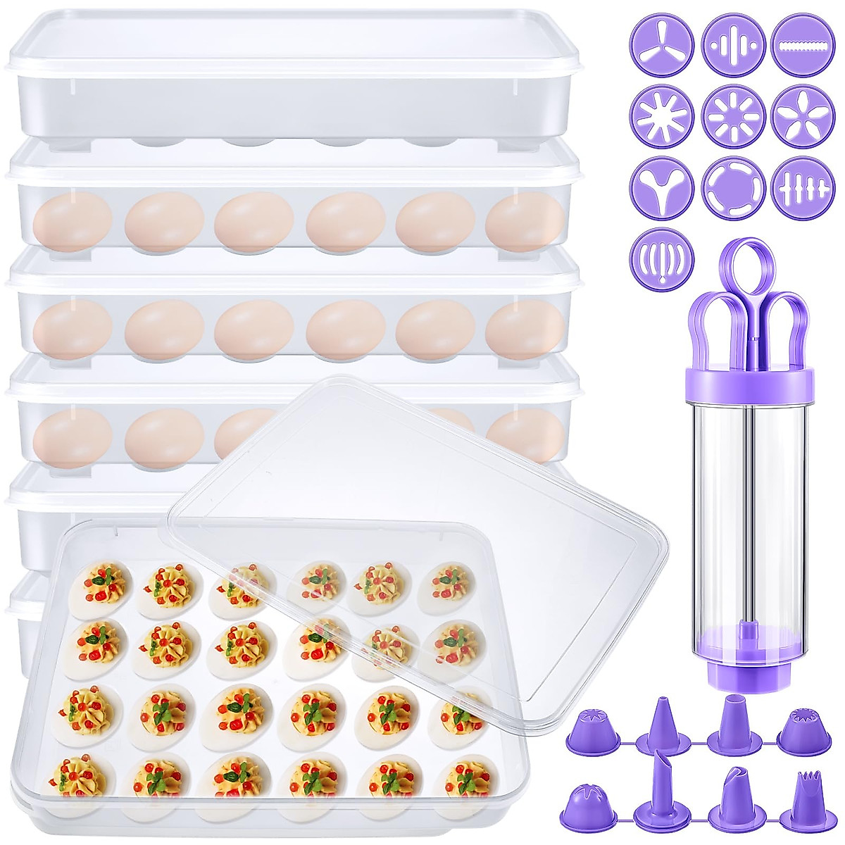Maxcheck 6 Pack 144 Count Deviled Egg Containers with Lid and 3 Set Deviled Egg Injector Piping Tool Clear Plastic Organizer for Refrigerator Stackable Dispenser Carrier Tray for Easter Thanksgiving