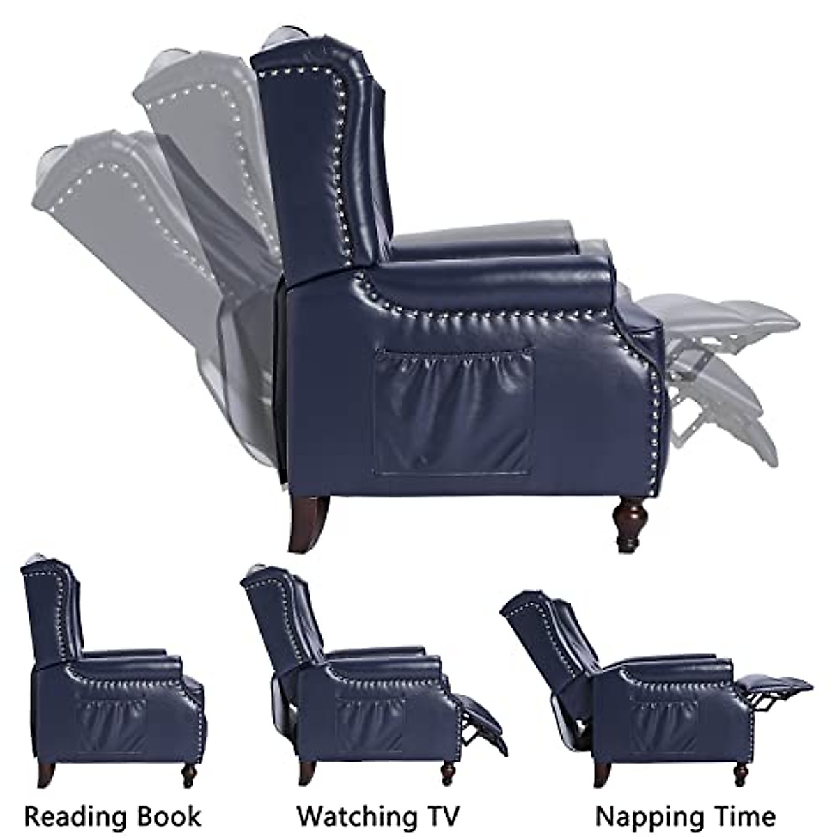 VUYUYU Wingback Recliner Chair, Push Back Arm Chair with Heat and Massage, PU Leather Single Sofa for Home, Living Room, Office, Bedroom(Navy Blue)