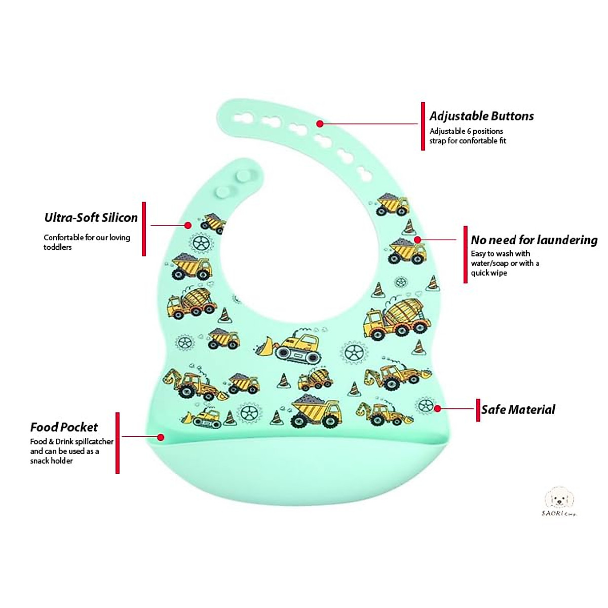 SAORI Corp. Silicone Feeding Bibs |Silicone Bib, Unisex, Storage Pocket | Dishwasher Safe Waterproof Adjustable. Flexibles(Santa)