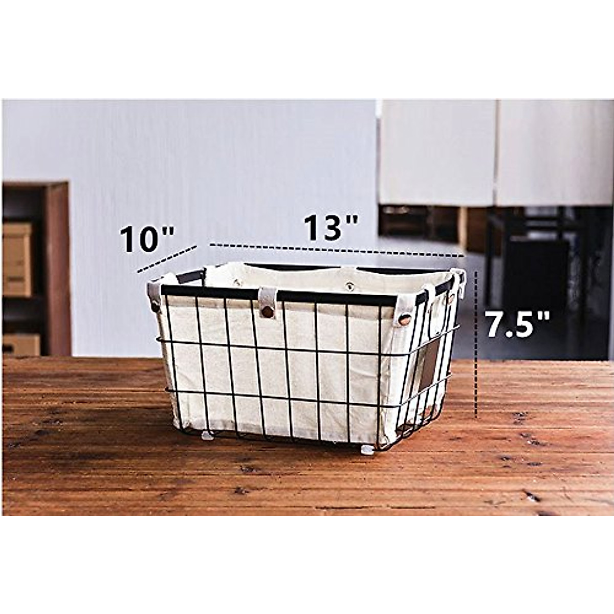 DODXIAOBEUL Handmade -Open Storage Bread Food Basket,Kitchen Cabinet and Pantry Storage Organizer Bin & Containers- Two Cut-Out Handles Wire Metal with Canvas Lining 13x10x7.5 Inches Black