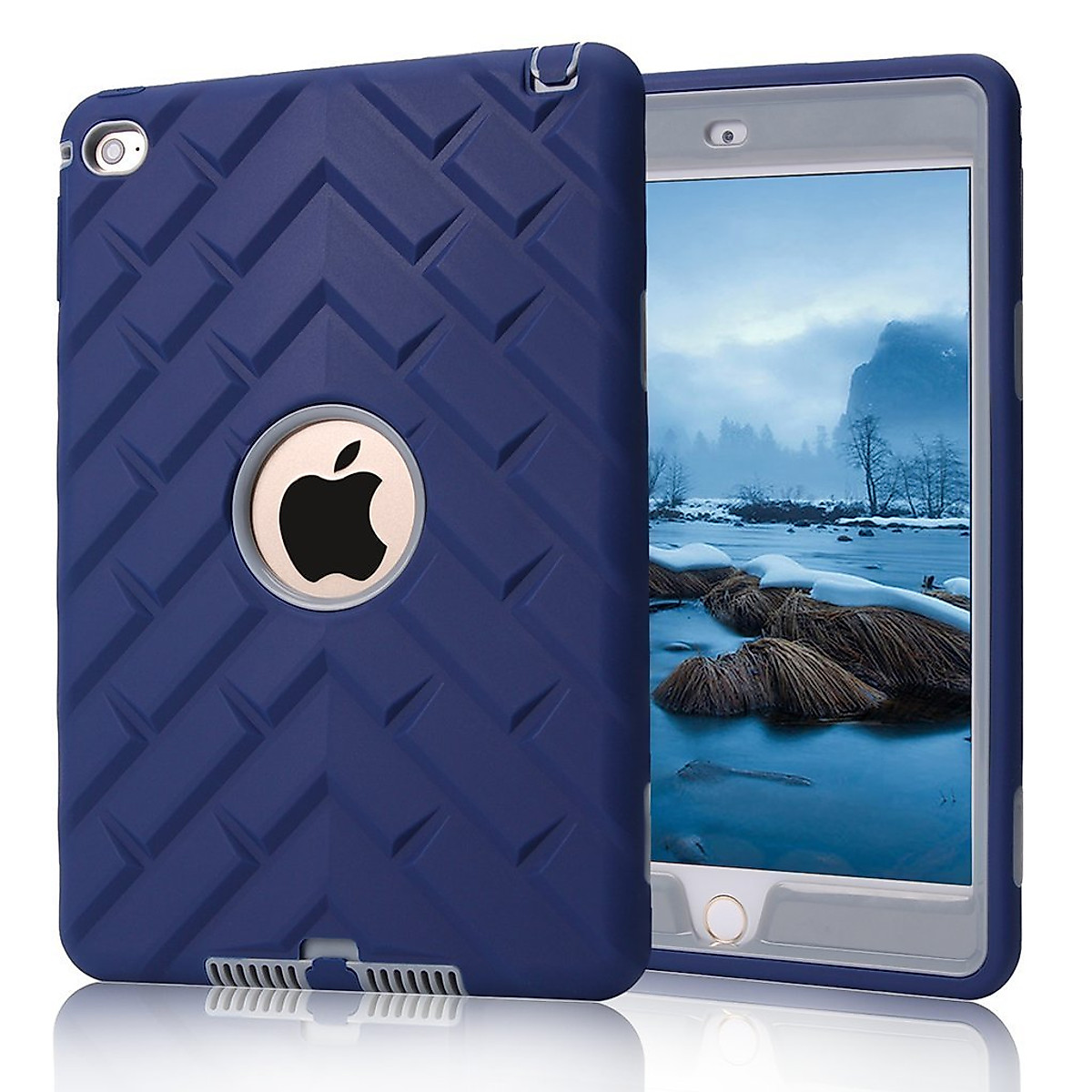 Hocase for iPad Mini 5 Case, iPad Mini 4 Case, Rugged Shockproof Anti-Slip Hybrid Hard Shell+Silicone Rubber Bumper Protective Case for Apple iPad Mini 5th/4th Generation - Navy Blue/Grey