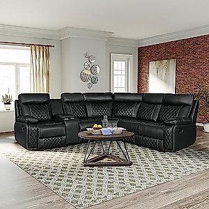 Merax, Black Home Theater Seating Manual Cup Holder, Hide-Away Storage PU Reclining Sofa Couch for Living Room