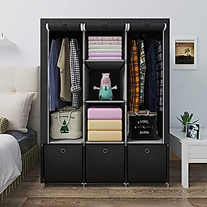 GHQME Fabric Wardrobe with 3 Drawers, Portable Clothes Closet Storage Organizer with Compartments and Rods (Black, 49.2” x 17.3” x 63.8”)