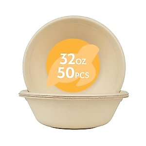 Earth's Natural Alternative 100% Compostable Paper Bowls [32oz 50 Pack] Soup Bowls, Pasta, Cereal, Salad, Ice Cream, Disposable Bamboo Large Bowls, Biodegradable, Unbleached