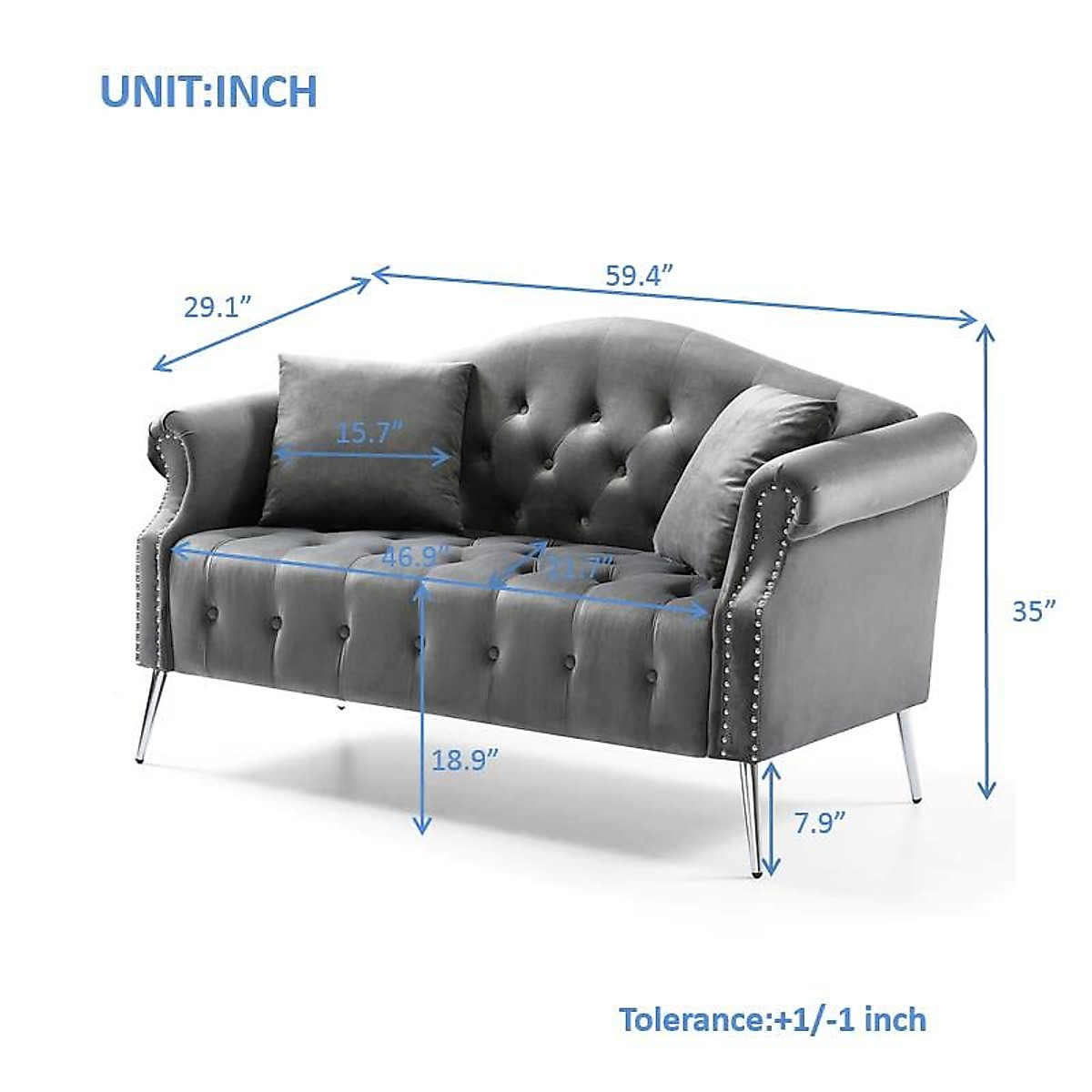 Velvet Chesterfield Sofa,Twin Size Upholstered Couch,Button Tufted Nailhead Trimming Curved Backrest Rolled Arms with Silver Metal Legs Living Room Set,2 Pillows Included (Grey, 59.4 * 29.1 * 35")