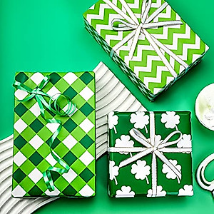 Packanewly Wrapping Paper Roll for St. Patrick Day - 17 inch x 120 inch (3-Pack, 42.3 sq.ft.ttl.) Mini Roll - Green Color Design with Geometry, Four-leaf Clovers，Wave