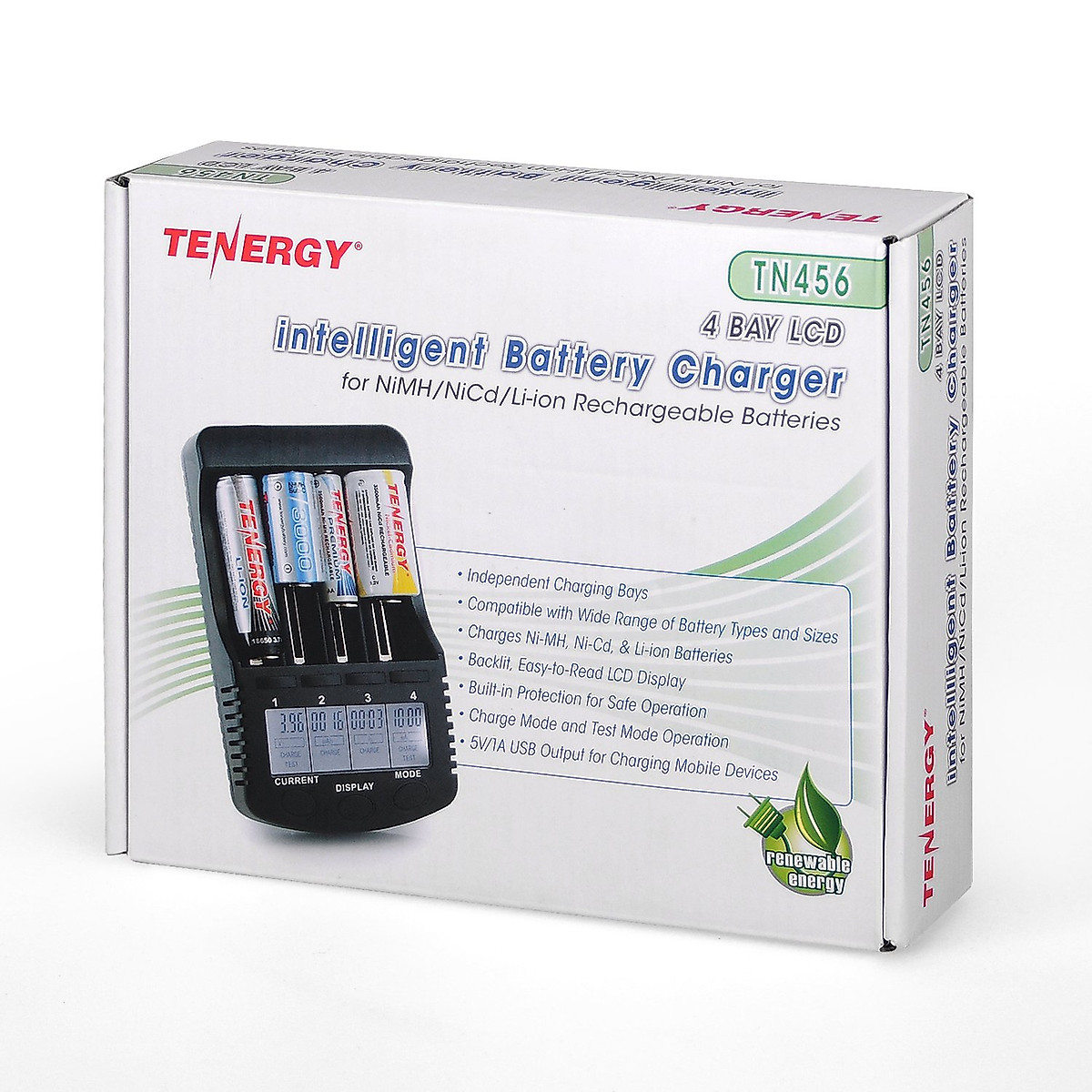 Tenergy TN456 Intelligent Universal Battery Charger with 4 Slots, LCD Display, USB Output, Power Adapter, Rechargeable Battery Charger for Li-ion/NiMH/NiCD Rechargeable Batteries