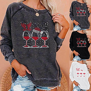 Christmas Sweatshirts for Women 2022 Fashion Red Wine Glass Print Long Sleeve Pullover Xmas Casual Crew Neck Tops