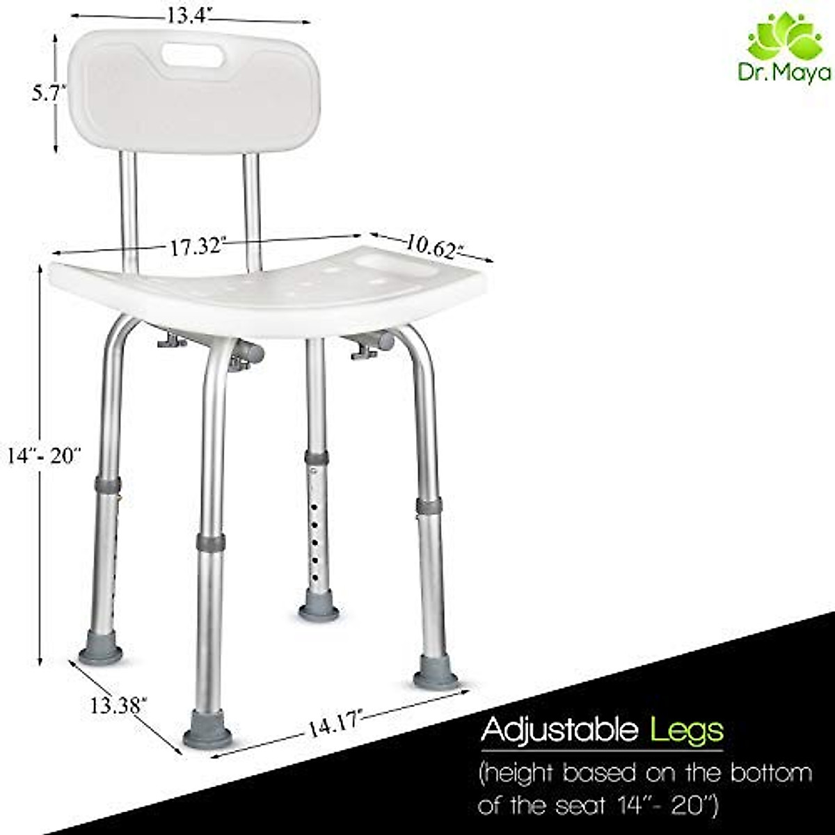 Dr. Maya Bath and Shower Chair Seat with Back (Adjustable) - Anti-Slip Bench Bathtub Stool for Elderly or Seniors (Bathroom Safety) - with Free Suction Assist Grab Bar