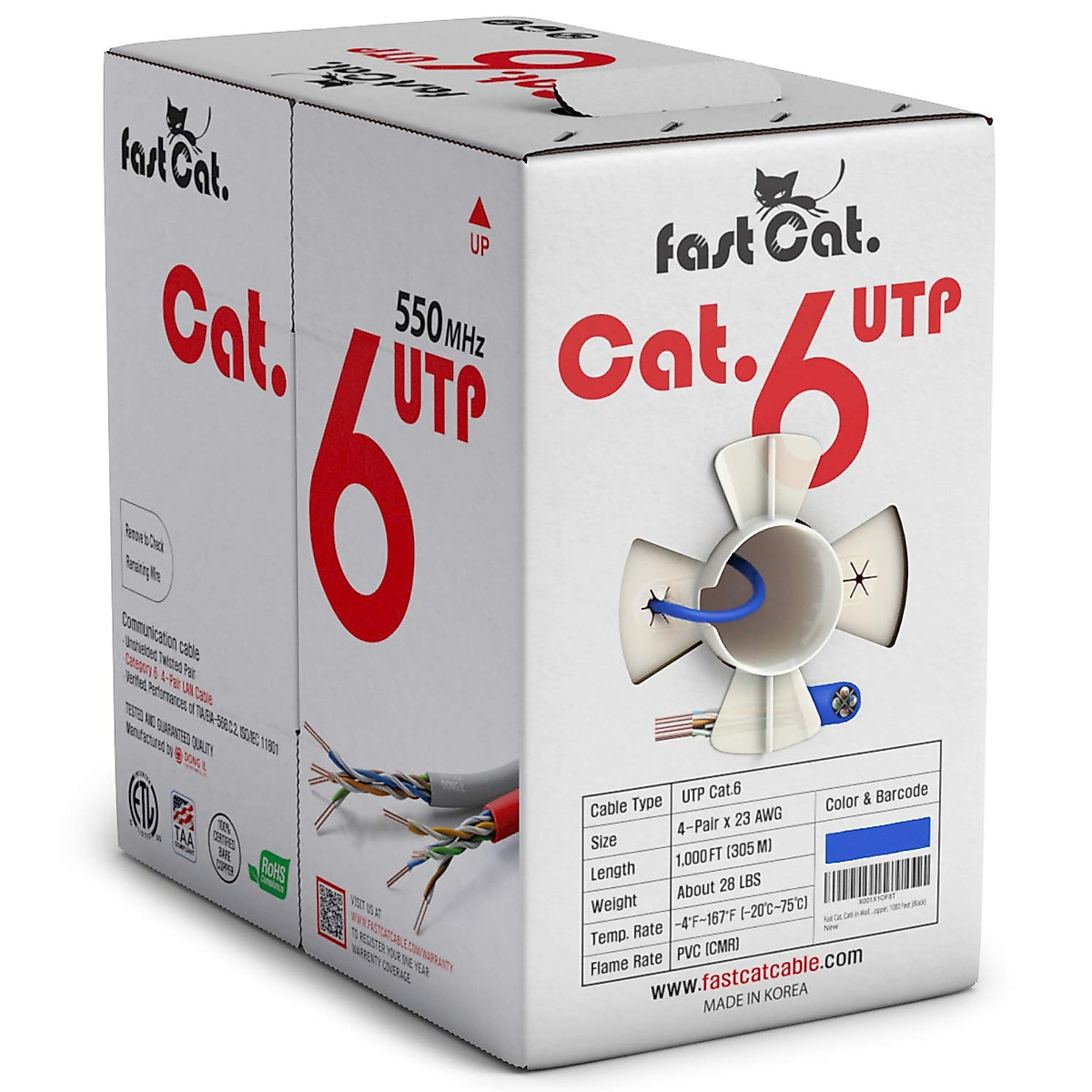 fast Cat. Cat 6 Ethernet Cable 1000ft (Blue) - 23 AWG, CMR, Insulated Solid Bare Copper Wire Cat 6 Cable with Noise Reducing Cross Separator - 550MHZ / 10 Gigabit Speed UTP LAN Cat6 Cable 1000ft - CMR