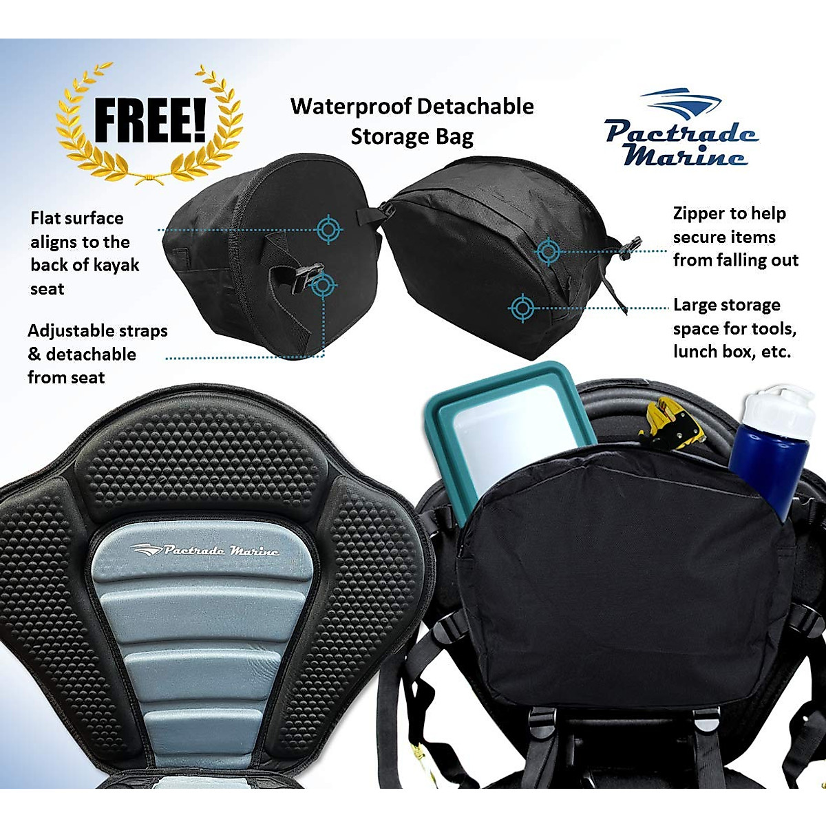 Pactrade Marine Adjustable Straps Black Gray Padded Deluxe Kayak Seat Detachable Storage Back Backpack Bag Canoe Backrest Support Cushion Sit On Top Fishing Brass Clips Canoeing Kayaking Rafting (1)