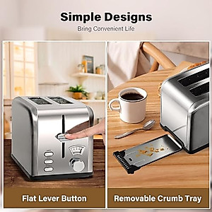 Simple Deluxe Stainless Steel Toaster 2 Slice with 1.5” Wide Slot & Removable Crumb Tray, 5 Shade Options and Bagel/Defrost/Cancel Functions, for Various Bread & Waffle, Retro Silver