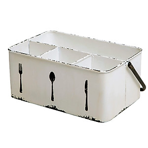 NIKKY HOME Utensil Caddy, Farmhouse Rustic Metal Cutlery Silverware Caddy with 4 Compartments, Flatware Holder Organizer for Kitchen Countertop, Picnics, Party, Camping, Outdoor - Distressed White