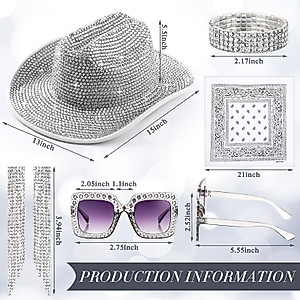 Cuffbow Set of 5 Rhinestone Cowgirl Hat Sunglasses Bling Bracelet Tassel Earrings Bandana Set for Women Cosplay Halloween