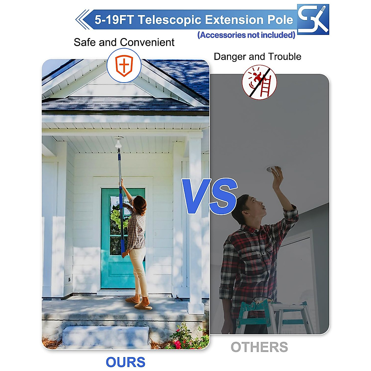 SKGPOLE 26FT Reach Telescopic Extension Pole, 5-19FT Multi-Purpose Extension Pole with Universal Twist-on Metal Tip, Sturdy Aluminum Paint Roller Extension Pole for Squeegee, Paint Roller, Duster