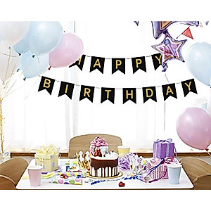 Large Happy Birthday Banner 6.3&7.8 inches Happy Birthday Bunting Banner with Shiny Gold Letters Black & Gold Birthday Party Decorations for Any Ages's Party Supplies with 13 Cards, a Ribbon