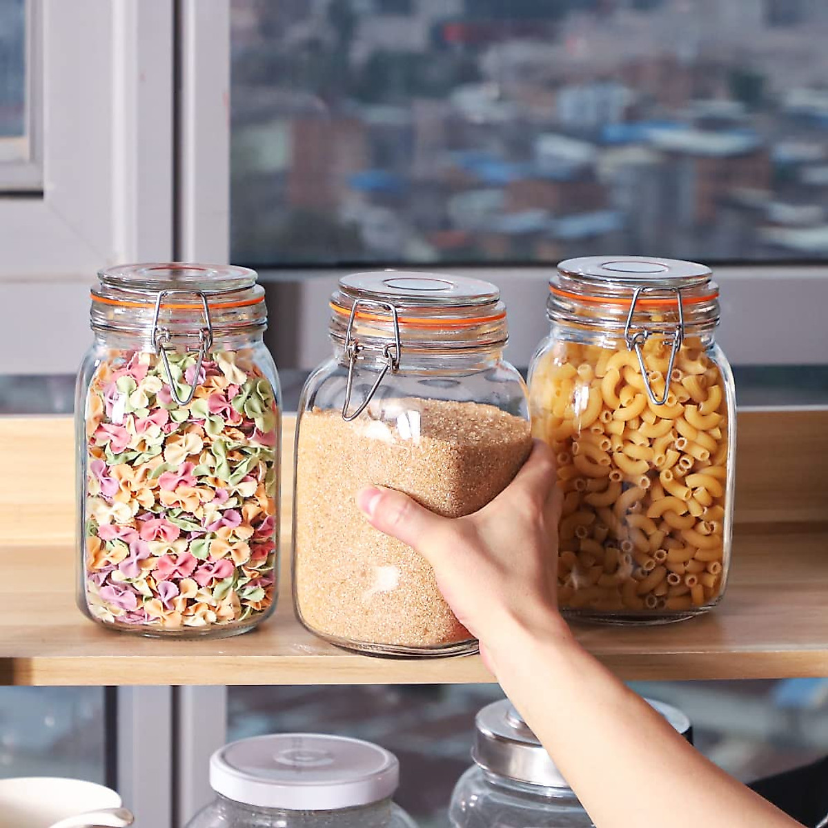 Qianfenie 50 oz Glass Jars with Airtight Lids, Wide Mouth Mason Jars with Clip Top Lids for Kitchen - Square Glass Jars with Chalkboard Labels and Replacement Silicone Gaskets, Set of 4