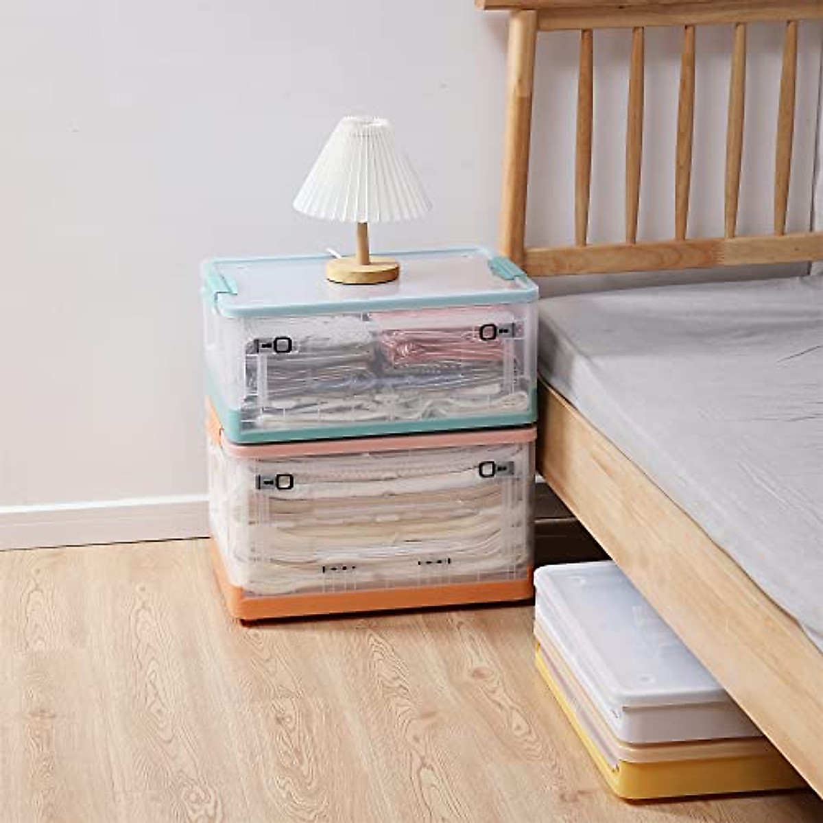 OEMVALATY 2 Packs Storage Bins with Lids,28 Qt. Clear Stackable Lidded Storage Bins,Collapsible Storage Cube Bins with Wheels, Plastic Storage Box Containers with Double Doors for Home, Office, Bedroom, Living Room