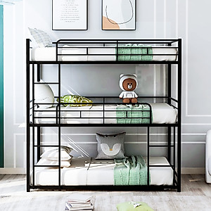 Majnesvon Metal Twin Size Triple Bunk Bed, Twin-Over-Twin-Over-Twin Triple Bed Frame Can be Split into 3 Bed with Built-in Ladder and Guardrails for Teens, Boys, Girls (Black)