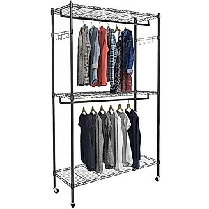 BATHWA Free Standing Closet Wire Shelving Clothing Rolling Rack Heavy Duty Garment Rack with Wheels and Side Hooks
