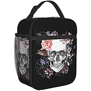 PATNPRT Halloween Black Sugar Skull Insulated Lunch Box Reusable Lunch Bag with Side Pocket for Men Office Work Picnic Travel