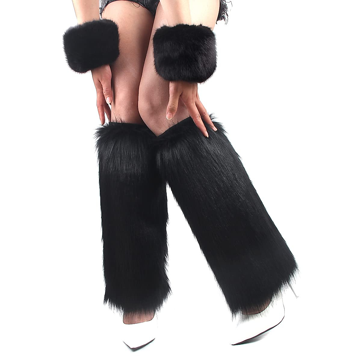 Faux Fur Cuffs Furry Leg Warmers and Wrist Cuff Warmer Boot Cuff,2 Pairs Set For Women Party Costumes