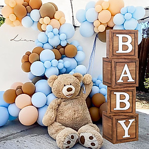 Baby Shower Boxes for Birthday Decorations – 4 Wood Grain Brown BABY Balloon Boxes, Baby Boxes for First Birthday Centerpiece Decor, Teddy Bear Baby Shower Supplies, Gender Reveal Backdrop