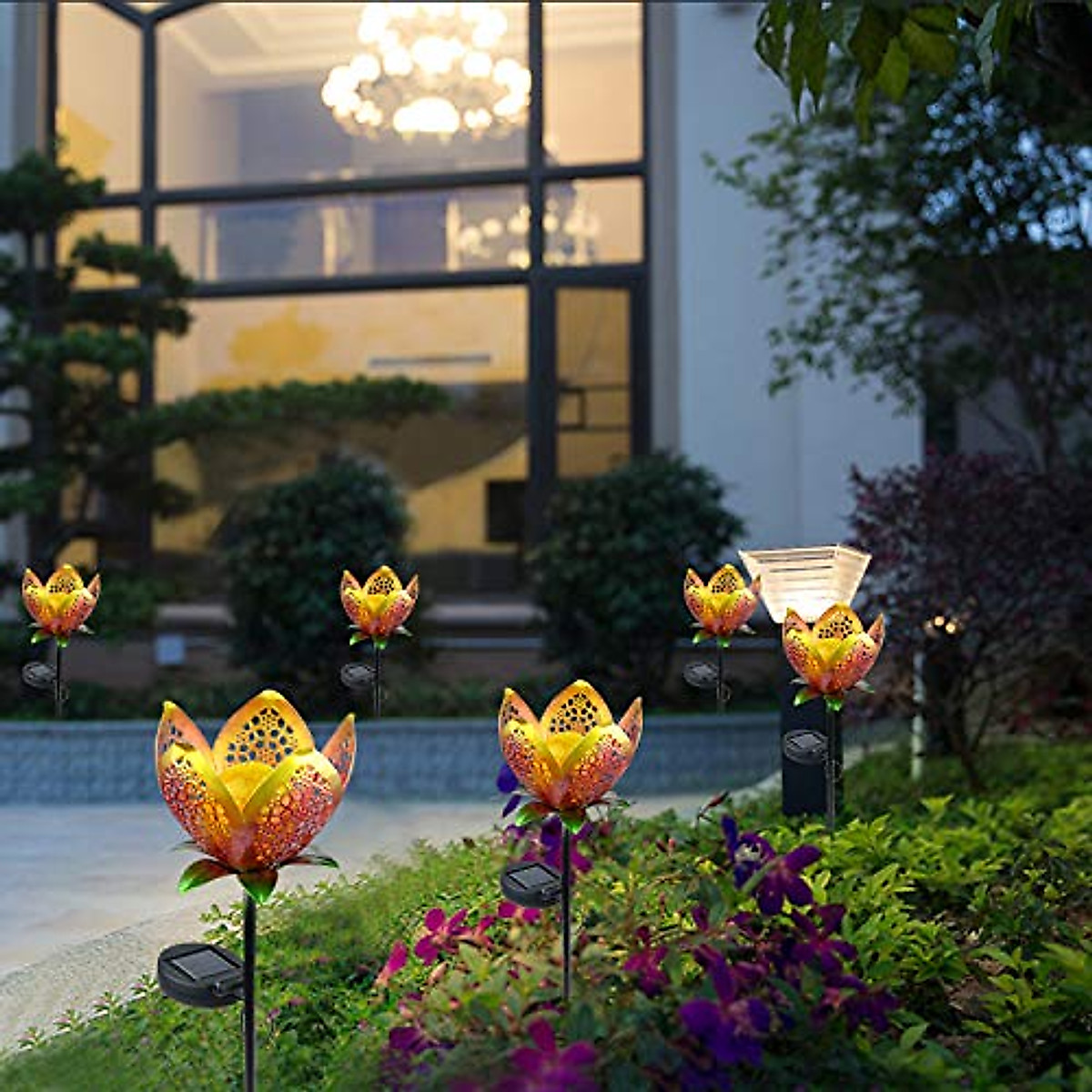 Pannow Large Metal Glass Solar Flowers Yard Art, Garden Solar Lights Outdoor,Solar Powered Stake Lights,Decorative Garden Lights for Walkway,Pathway,Yard,Lawn,2Pack