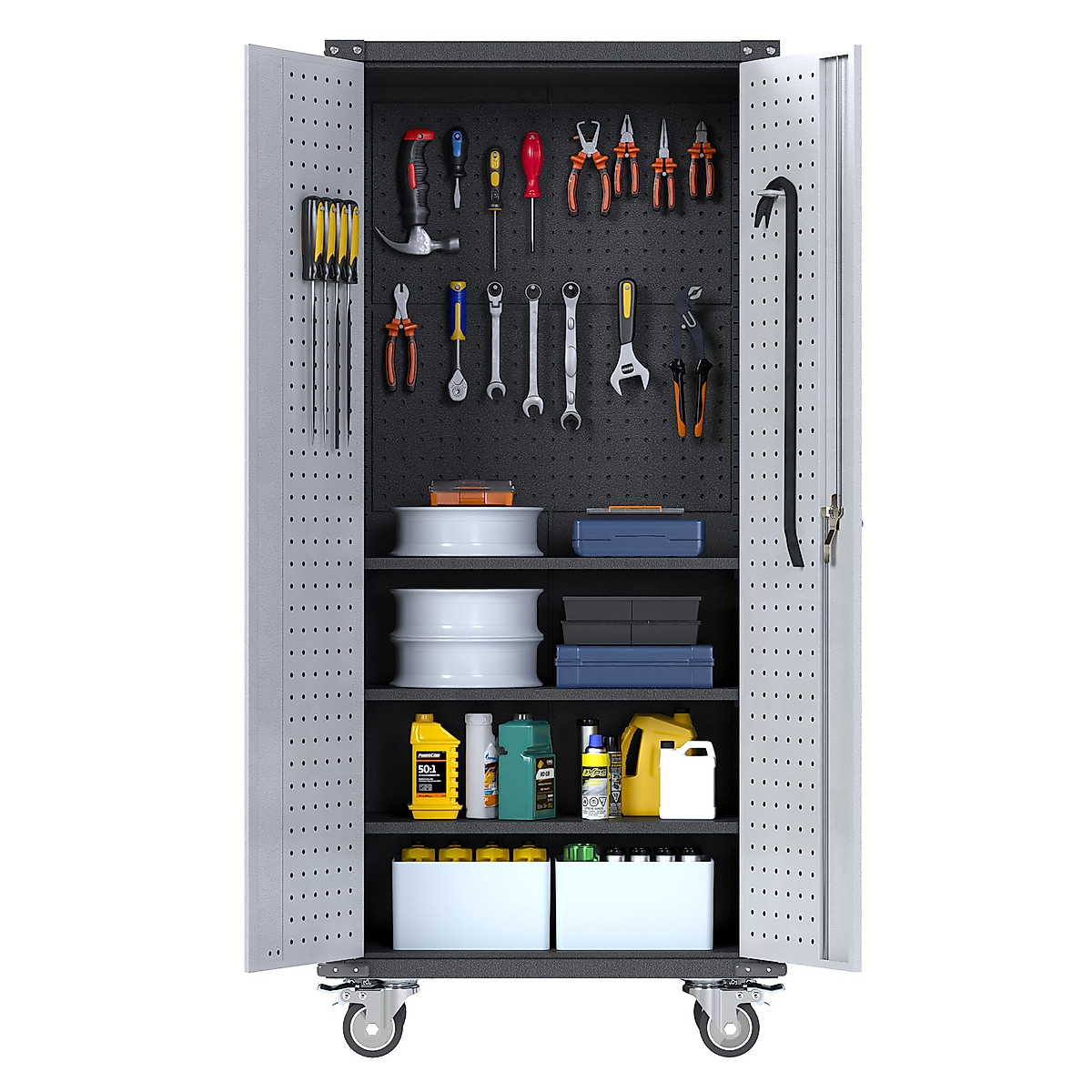 71" Pegboard Metal Garage Storage Cabinet with Wheels, Rolling Lockable Metal Tool Cabinet with Adjustable Shelves for Warehouse, Basement, Assembly Required