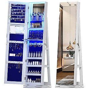 Vlsrka LED Jewelry Armoire with Full Length Mirror 360° Rotating, Jewelry Cabinet Large Standing Lockable Mirror Jewelry Organizer with Inner Makeup Mirror & Soft Velvet for Living Room Bedroom