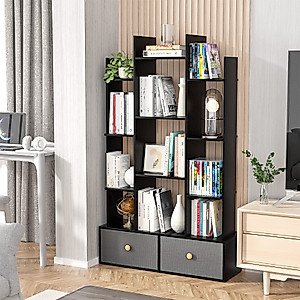 Unikito Book Shelf with 2 Drawers Free Standing Bookcase, Office Storage Shelf Organizer with 12 Open Bookshelf, Industrial Wood Book Case Display Rack for Bedroom, Living Room Home Office, Black