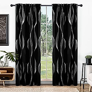Deconovo Blackout Curtains for Bedroom, 90 Inch Curtains for Living Room, Silver Wave Foiled Rod Pocket and Back Tab Curtain, 52W x 90L, Black, 2 Panels