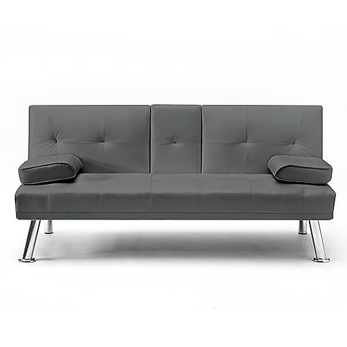 Anwick Modern Leather Futon Sofa Bed,Convertible Folding Couch Recliner Sleeper Loveseat for Small Space,Apartment,Office,Dorm,with Cup Holders and Removable Armrest (Gray-New)