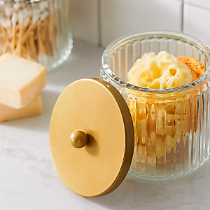 KMwares Glass Qtip Holder Dispenser Set for Cotton Ball, Swab, Round Pads, Floss Picks - Bathroom Canister Storage Organization and Vanity Makeup Organizer (4, Golden)