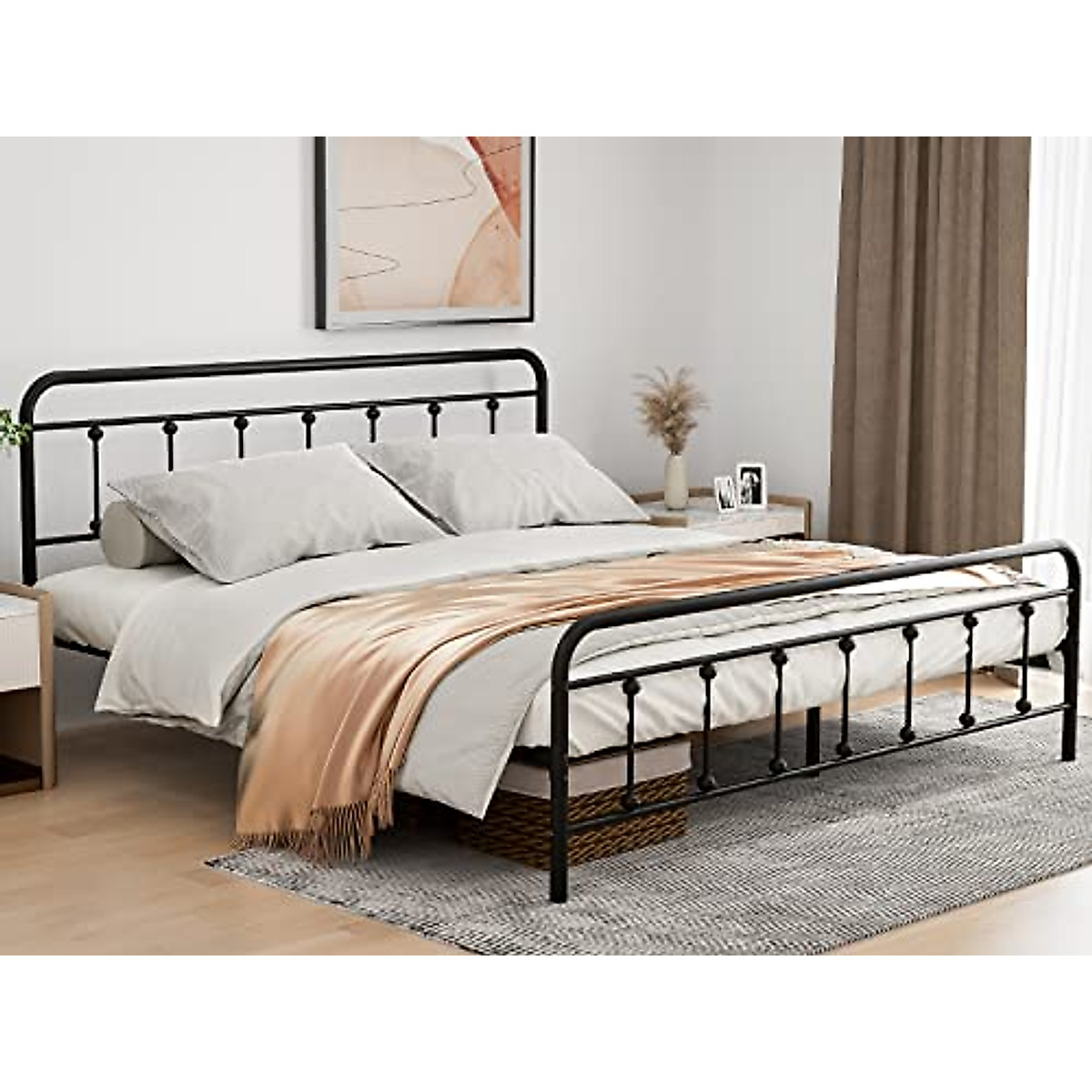 IKIFLY King Size Metal Platform Bed Frame with Headboard & Footboard - Strong Steel Slat Support - Mattress Foundation - Victorian Vintage Style - No Box Spring Needed - Black/King