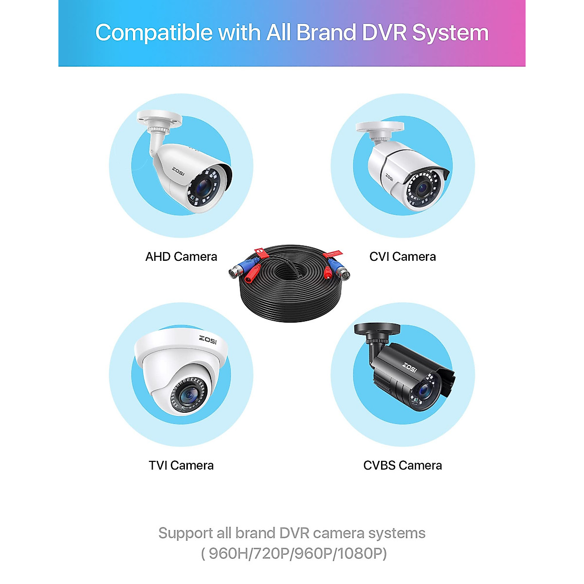 ZOSI 4 Pack 100ft(30M) All-in-One Video Power Cables,BNC Extension Security Camera Cable for CCTV Surveillance Camera DVR System With 4 x BNC&RCA Connector and 100pcs Cable Clips