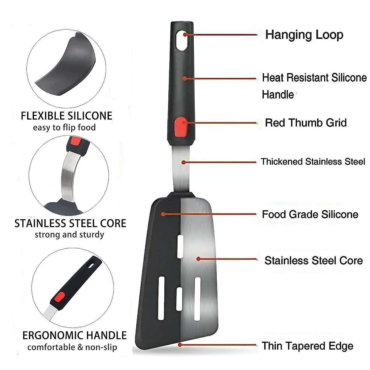 Silicone Spatula Turner Set, 600°F Heat Resistant Kitchen Spatulas for Nonstick Cookware, BPA Free Cooking Utensils, Non Scratch Flexible Thin Edge Rubber Spatula Set for Flipping Fish, Eggs, Pancake