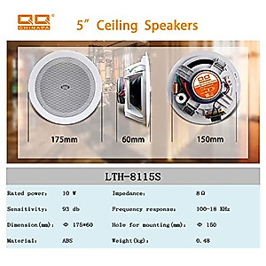 QQCHINAPA LTH-8115S 5" Woofer 2-Way in Ceiling in Wall Speaker, 1-Inch 40mm Myla Dome Tweeter Better Bass, 8 Ohm Impedance-6" Cutout Diameter,with 130-18kHz Frequency (White) (5")…