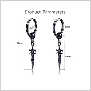 Sword Drop Dangle Small Hoop Earrings for Women Men Stainless Steel Engrave Animal Cross Dagger Halloween Statement Charms Drop Dangling Hoops Cuff Cartilage Wrap Vintage Punk Pray Jewelry (Black)