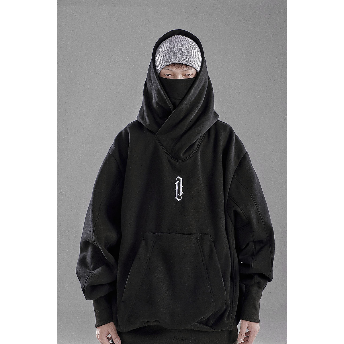 Niepce Inc Streetwear Men's Oversized Hoodie with Neck Gaiter (Black, Large)