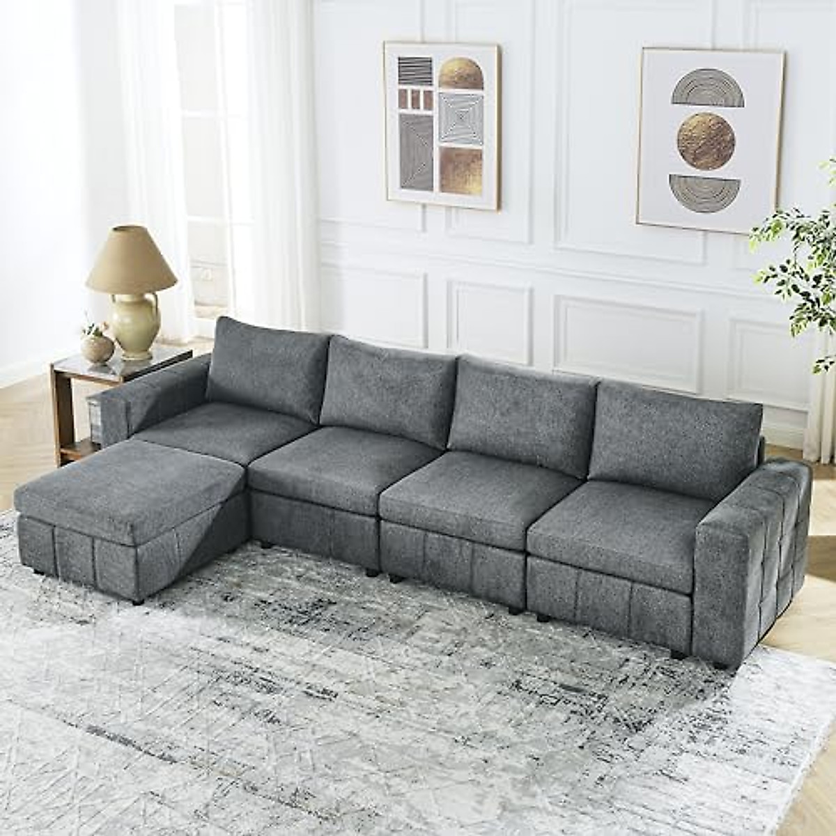 EZLUX Upholstered Modular Sofa Set, L-Shaped Sectional Couch with Ottoman for Living Room Apartment, Gray