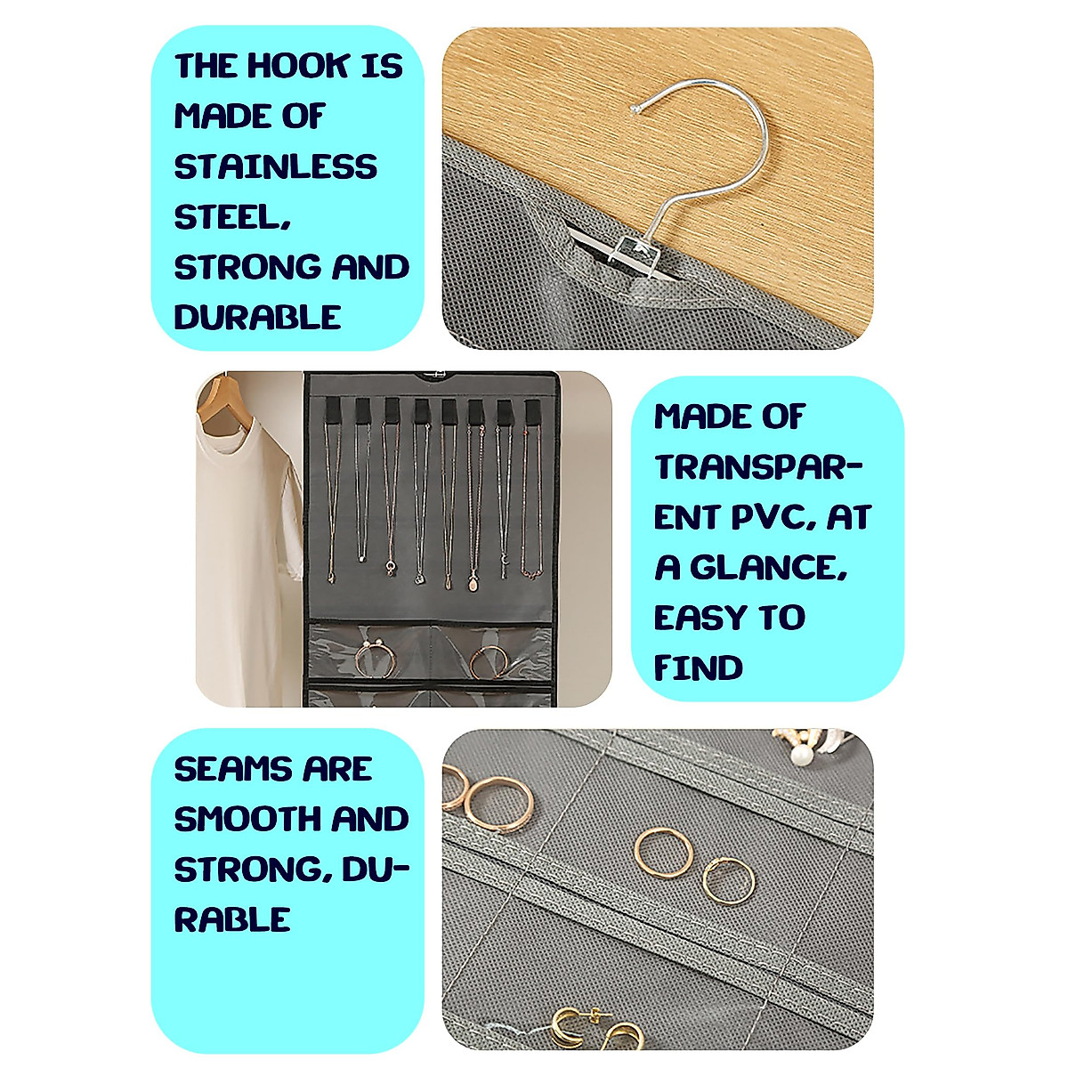 ONEPEACE Hanging Jewelry Organizer: Necklace & Earring Holder with Pockets for Closet, Wall or Door (Black)