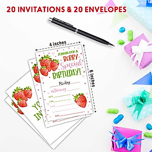 AWSICE Strawberry Theme Birthday Invitations, Fruits Double-Sided Fill-In Invite Cards For Kids, 20 Invitations With Envelopes, Decorations, Party Favor And Supply