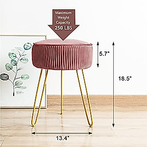 LUE BONA Mid Century Modern Velvet Upholstered Pleated Round Footrest Stool Ottoman with Metal Legs, Home Multifunctional Luxury Ottoman Suitable for Living Room and Bedroom