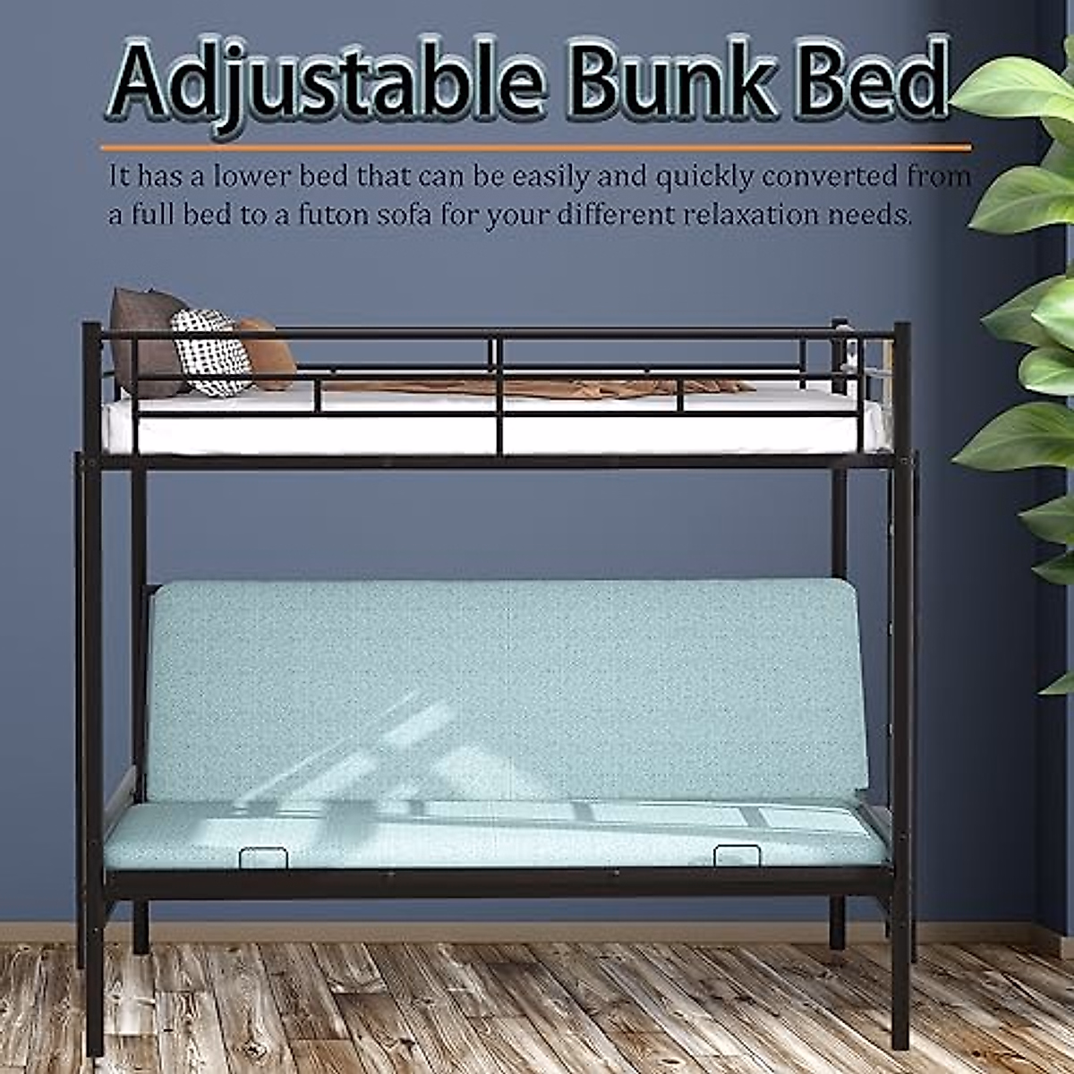 Twin-Over-Futon Convertible Couch and Bed, Metal Futon Bunk Bed with Guardrails and Ladder, Sturdy Steel Foldable Sofa-Bed for Kids Adults Teens (Twin Over Full Metal Bunk Bed, Twin)